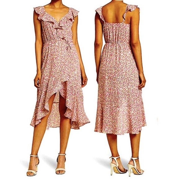 Socialite | Dresses | Socialite Pink Floral Print Ruffled Faux Wrap ...